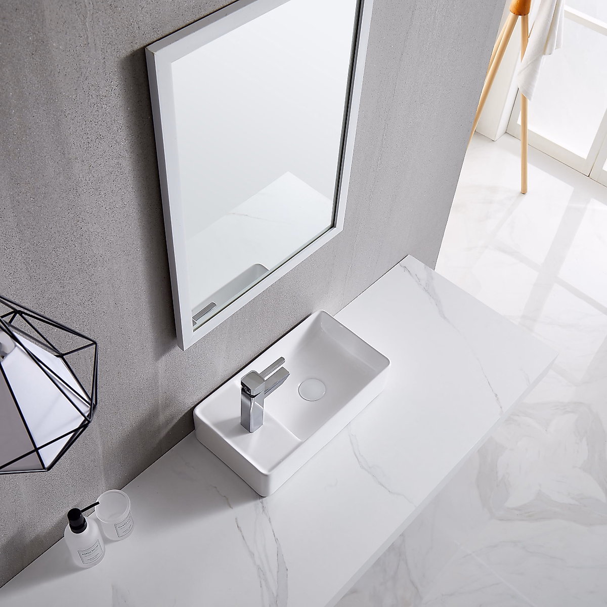 Bathroom Sink 18" x 10" Rectangle, Eridanus Wall Mount Vessel Sink Floating, Modern White Ceramic Porcelain Vitreous Countertop Wash Basin Wall Hang Bowl Space Saving Small Sinks