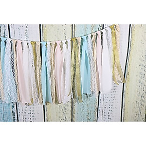 Fabric Tassel Garland Rag Tie Garland Shabby Chic Blush Banner for Wedding Decor Baby Shower Party Decor Home Decor Wall Hanging Boho Decor Birthday Banner (Pink+Gold+Blue)