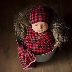 ZOONAI Red and Black Plaid Swaddle Blanket Baby Newborn Receiving Blanket Infant Sleeping Cloth Wrap with Hat (Red Black)