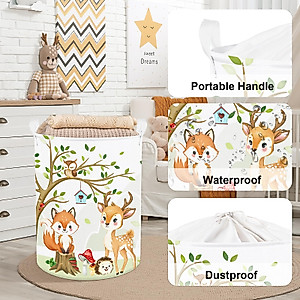 Clastyle 45L Large Forest Animal Kid Laundry Hamper with Handle for Boy Girl Collapsible White Fox Clothes Toy Storage Basket with Lid for Nursery
