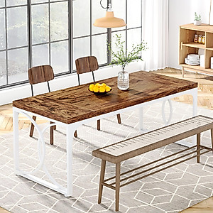 Tribesins Rectangular Dining Table, 63-inch Wood Kitchen Table with Strong Metal Frame, Industrial Large Long Dining Room Table for 4-People Family (Walnut and White)