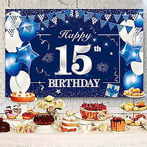 P.G Collin Happy 15th Birthday Banner Backdrop Sign Background, 15 Birthday Party Decorations Supplies for Boys Girls 6 x 4ft Blue Silver, Blue-15 (HB15-FH)
