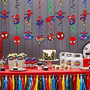 PANTIDE 30Ct Spider Superhero Hanging Swirls Decorations, Spider Hero Whirls Glitter Foil Ceiling Swirls Streamers Decorations, Superhero Themed Party Supplies Favors for Kids Birthday Baby Shower