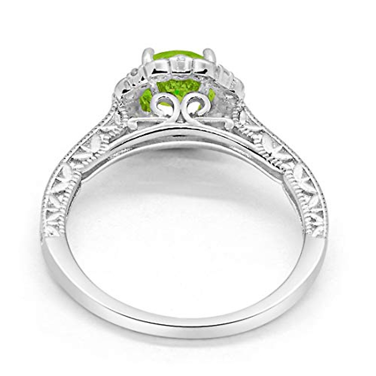 Blue Apple Co. Art Deco Filigree Halo Wedding Engagement Bridal Ring Solid Round Simulated Peridot 925 Sterling Silver, Size-8