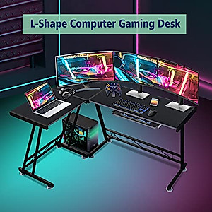 dreamlify Reversible L-Shaped Modern Gaming Pull-Out Keyboard Tray Corner CPU Stand Computer Desk for Home Office Workstation Space Saving, Black