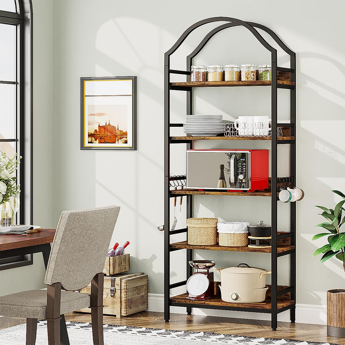 Tribesigns 5-Tier Bookshelf, 73" Tall Arched Bookcase, Industrial Wood Storage Rack Open Shelves with 4 Hooks, Modern Standing Bookshelves Metal Frame Display Rack for Home Office, Brown, 1 Pc