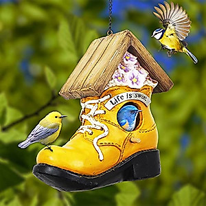 Hanging Yellow Shoe Bird House for Outside, Unique Birdhouses Outdoor for Home Garden Decor, Resin Handicrafts, Easy to Install and Clean, Great Birdhouse Gift, SAME YOUNG SET
