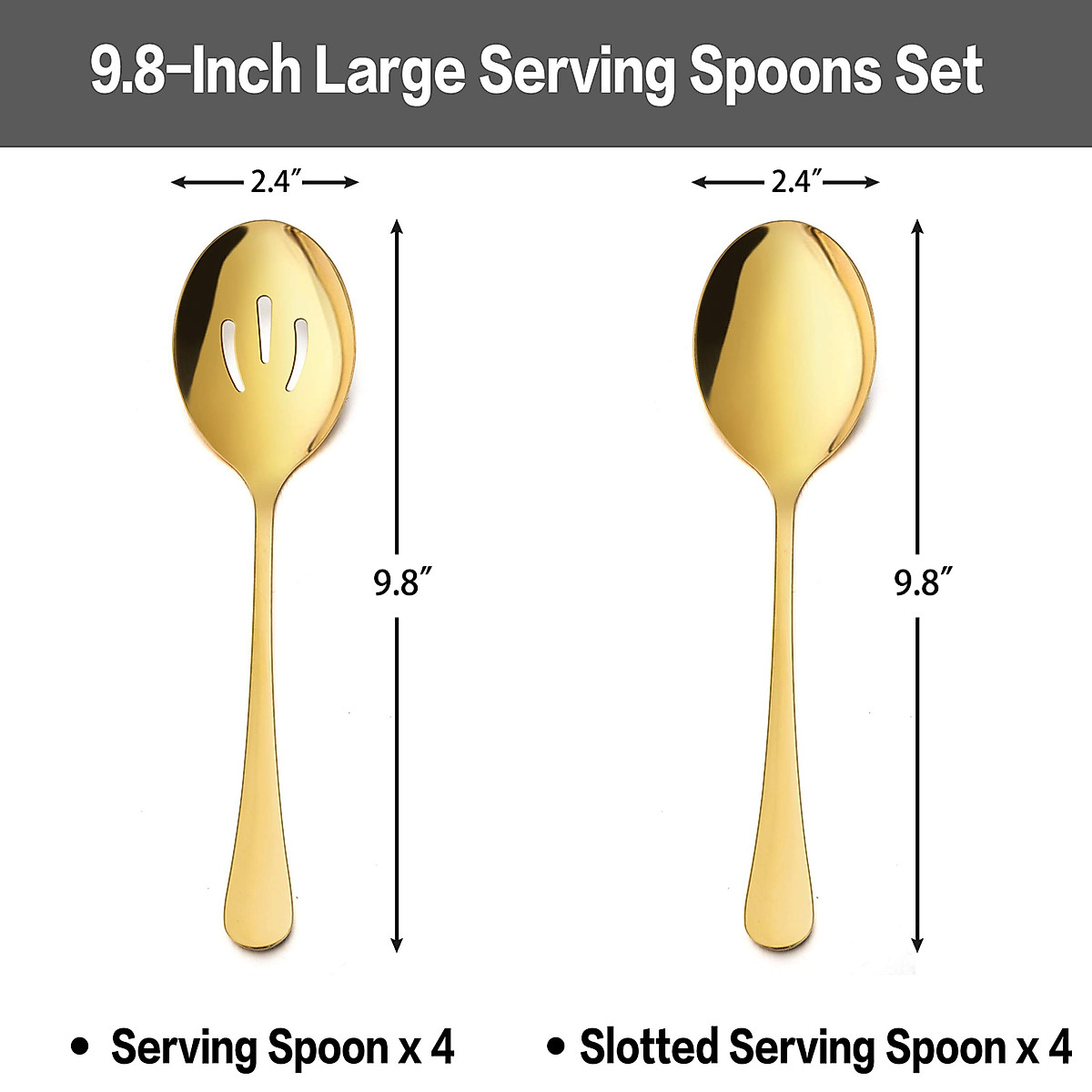LIANYU 8-Piece Large Gold Serving Spoons, Gold Slotted Serving Spoons, 9.8Inch Stainless Steel Serving Utensils for Party Buffet Restaurant Banquet Dinner Catering, Dishwasher Safe