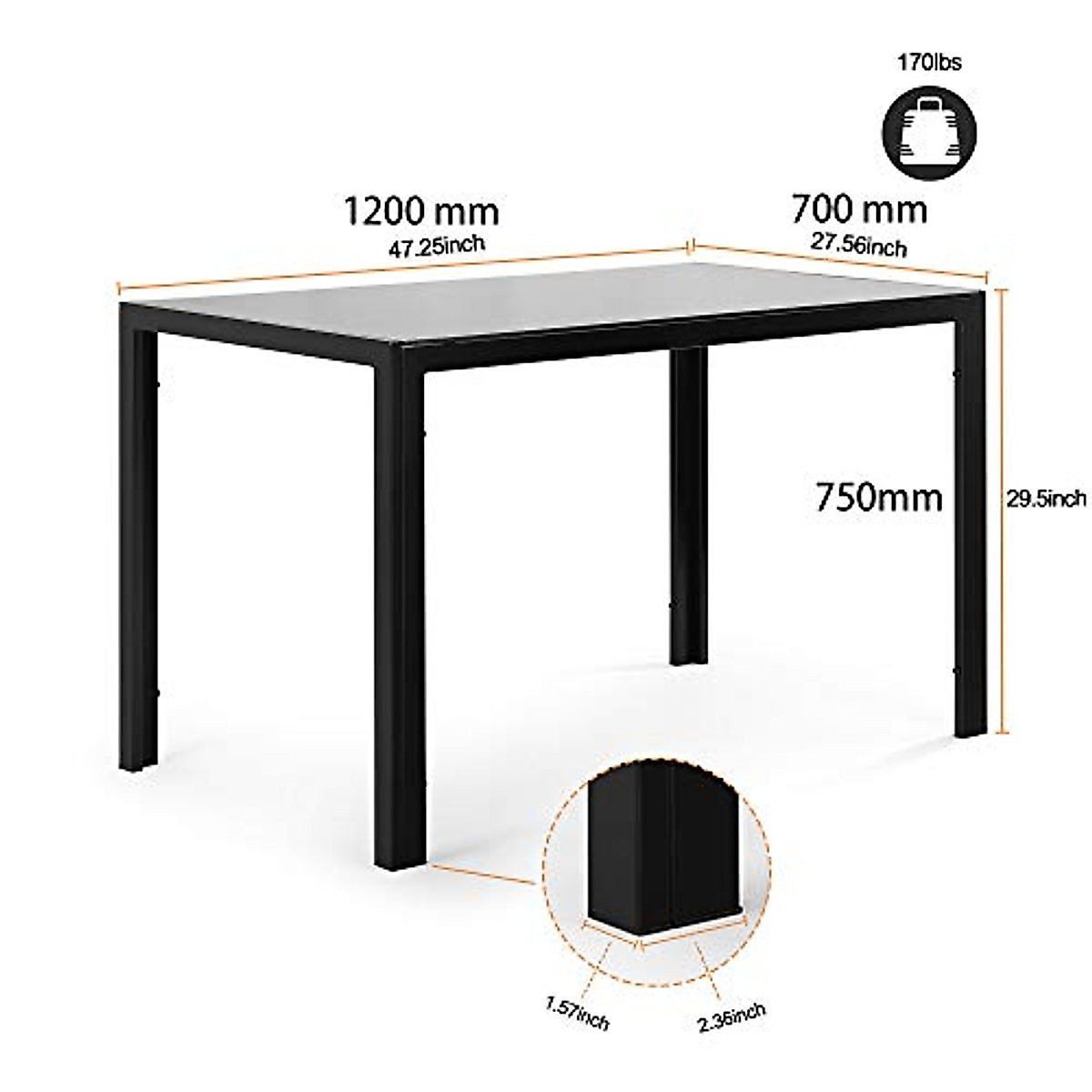 5-Piece Dining Table Set with 4 Faux Leather Chairs, Tempered Glass Tabletop Size 47.25" x 27.5", Black