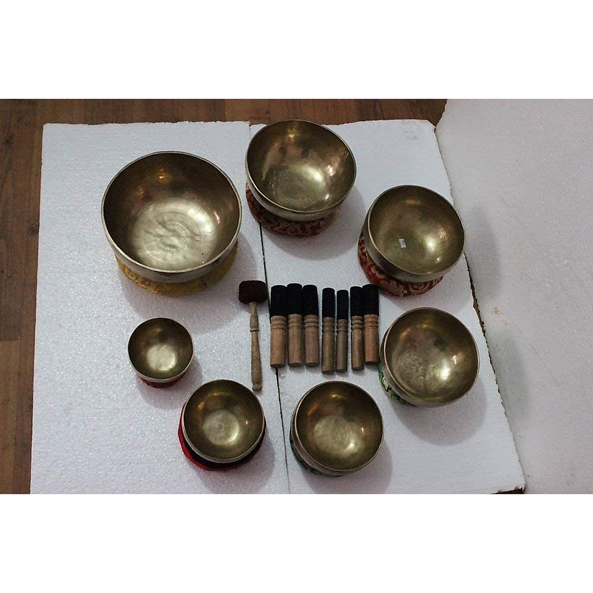 Set of 7 pieces ~ Hand Hammered Yoga Meditation Bowls 5"-10" included 7 Mallets, 7 cushions & 1 drum stick.
