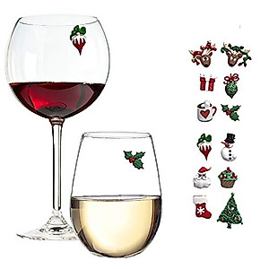 Christmas Holiday Magnetic Wine Glass Charms & Cocktail Markers Set of 12 - Great Christmas Hostess Gift or Stocking Stuffer