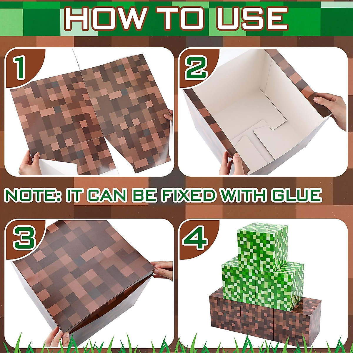 Outus 6 Pcs Large Pixel Mine Party Boxes 11.8 Inch Halloween Trunk or Treat Car Decoration Pixel Miner Video Gaming Box Pixelated Party Favor Vintage Grass Green Brown Birthday Centerpieces Xmas