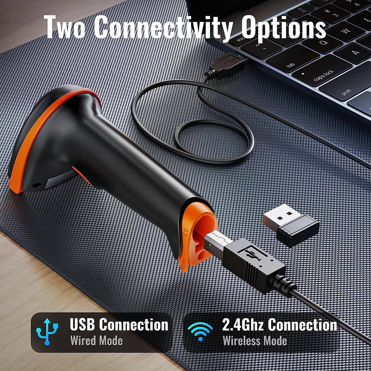 Tera Barcode Scanner Wireless 1D Laser Cordless Barcode Reader with Battery Level Indicator, Versatile 2 in 1 2.4Ghz Wireless and USB 2.0 Wired