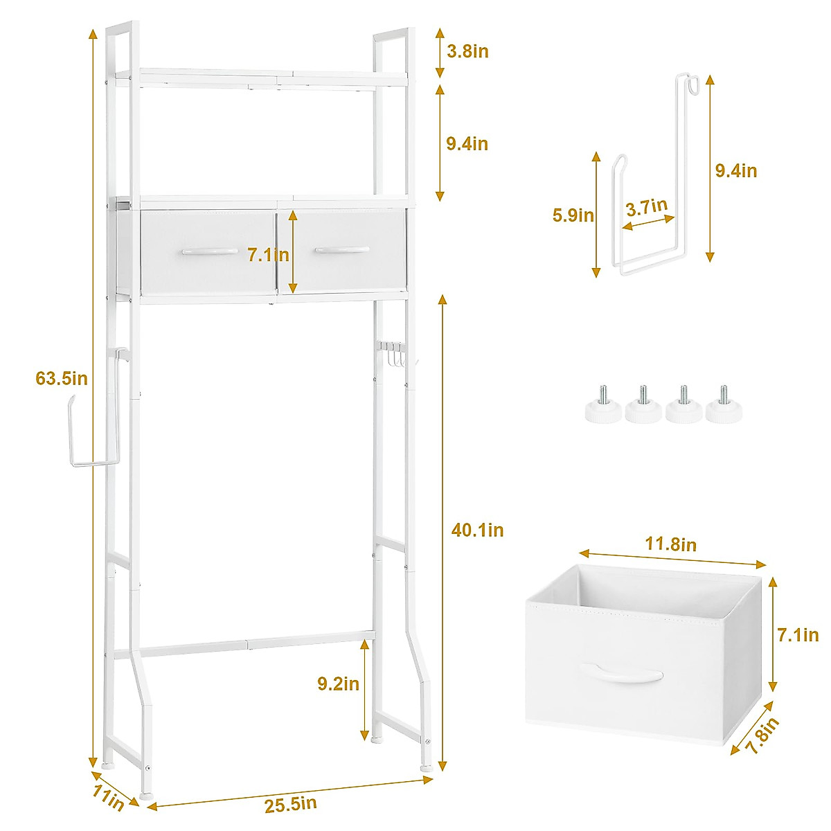 YBING Over The Toilet Storage, Over Toilet Bathroom Organizer with Drawer, Above Toilet Stand with Roll Holder and Hooks, Over Toilet Storage Shelf Cabinet, Wooden, White