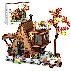 QLT A-Frame Cabin Building Set, Jungle Wood-Cabin House Building Set with LED Lighting Kit, Camping Friends Set Gift for 6+ Year Old Kids, Compatible with Lego (683 Pcs)
