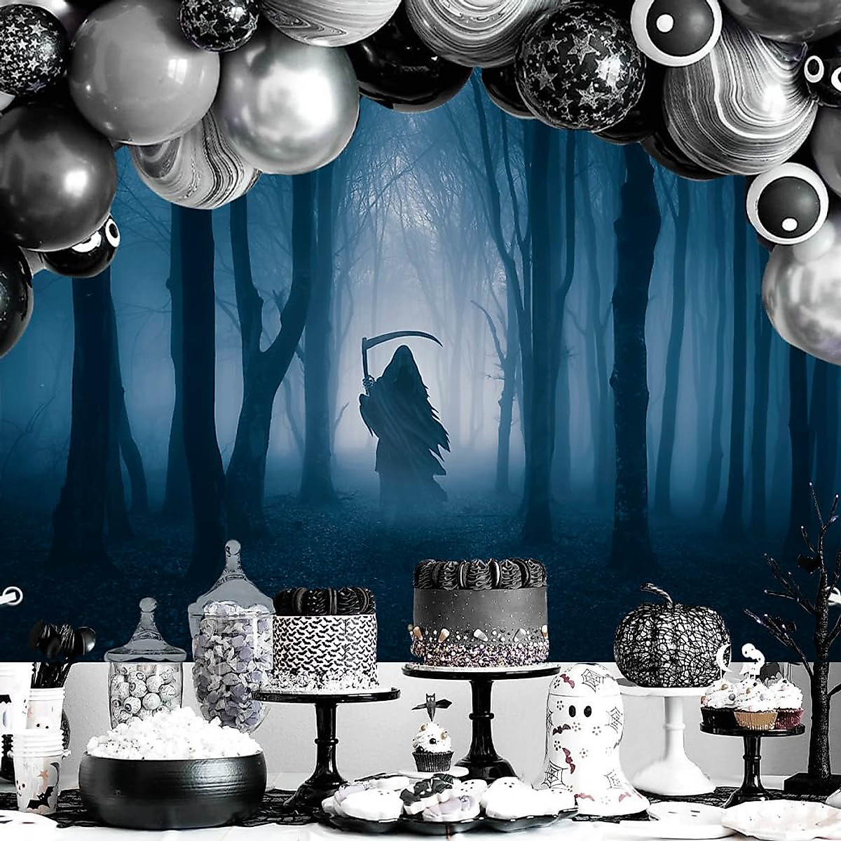 MEHOFOND 7x5ft Scary Halloween Backdrop Misty Dark Forest Horrible Halloween Gloomy Woods Trees Scythe of Death Photography Background Horrible Cemetery Spooky Party Decoration Photo Booth Props