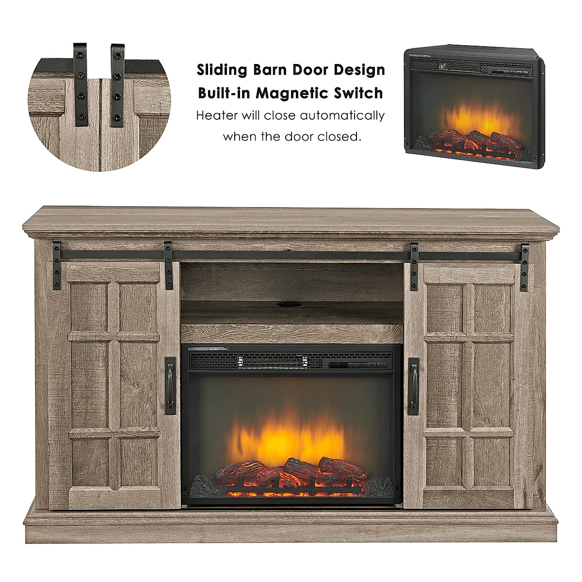 Unineo Farmhouse Fireplace TV Stand up to 65 Inch, Modern Entertainment Center Media Console with 24’’ Fireplace, Sliding Barn Door with Storage Cabinets, Adjustable Flame Effects, Remote Control, Oak