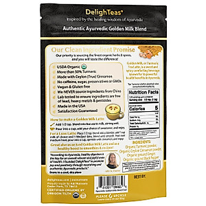 DelighTeas Organic Golden Milk Powder with Turmeric, Ginger, Ceylon Cinnamon | Ayurvedic Spices for Golden Turmeric Latte | Unsweetened, Vegan, Non-GMO, Keto | 120 Servings, 5 oz.