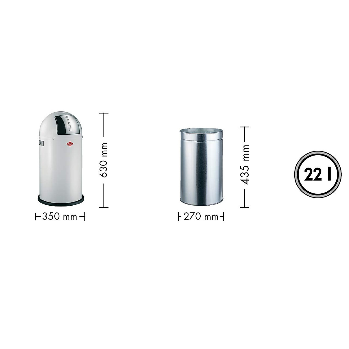 Wesco Pushboy Junior - German Made - Push Door Trash Can, Powder Coated Steel, 5.8 Gallon / 21 L , White