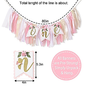 Pink and Gold High Chair Banner- Floral and Butterfly One Highchair Banner, 1st Birthday Party Decoration for Girls, Pink 1st Birthday Decor