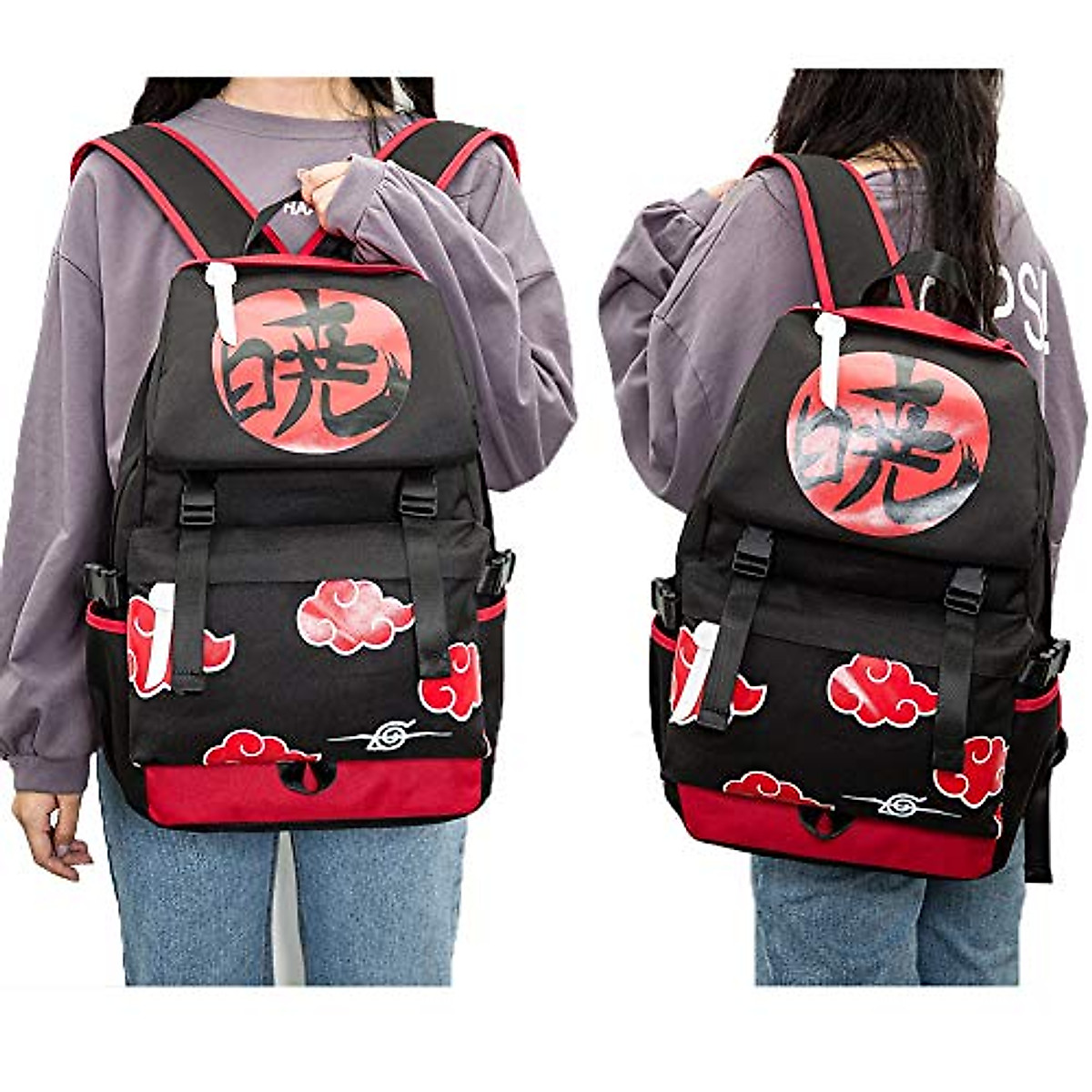 Vanlison Canvas Backpack Shoulder Bag Rucksack School Backpack Anime Backpack Black Red