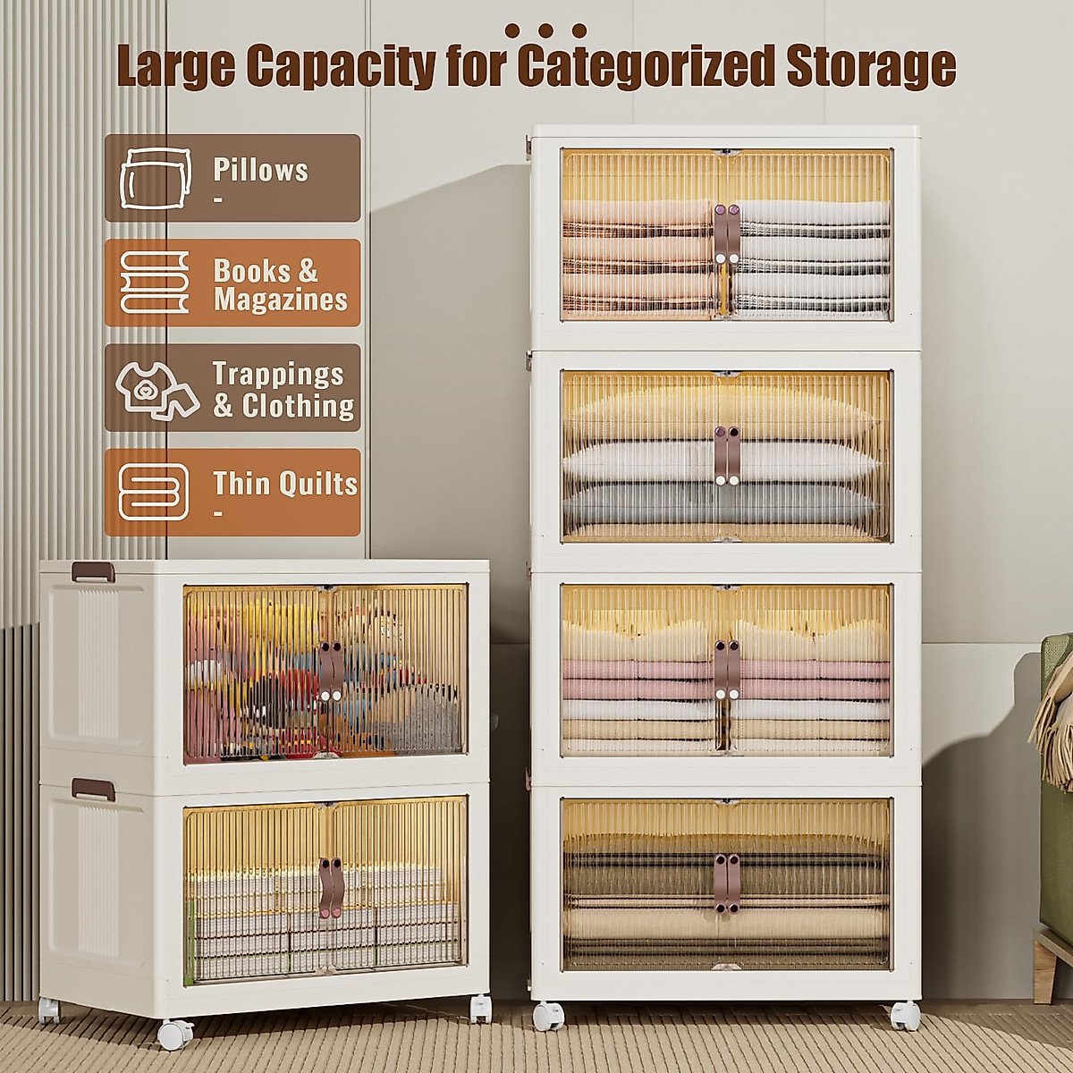 102 Qt Large Storage Bin with Dual-Opening Doors, Versatile Storage Organizer for Closet Room, Perfect Storage Box for Toys, Bedding, Clothes, Foldable & Stackable Storage Bins with Lids, 3-Tier