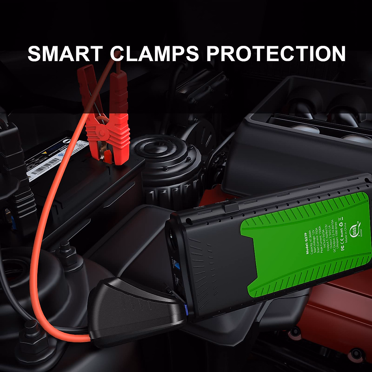 Car Battery Jump Starter, SUHU 1500A Peak 18000mAh Safe Lithium Car Battery Starter, 12V Car Auto Battery Booster (Up to 7L Gas/5.5L Diesel Engine) with QC 3.0 Fast Charge, 2*USB Port &LED Flashlight