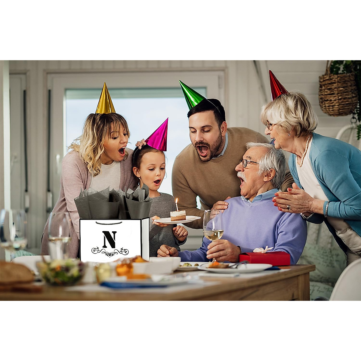 Letter Gift Bag with Wrapping Tissue for Men Women Boy Girl, 12" Large White Black Paper Bag for Birthday Anniversary Baby Shower Wedding Party - Single N