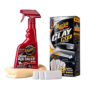 Meguiar's G1116EU Quik Clay Bar Starter Kit with 80g of clay and 473ml Detailer to safely remove surface bonded contaminants such as tar, tree sap, overspray and industrial fallout