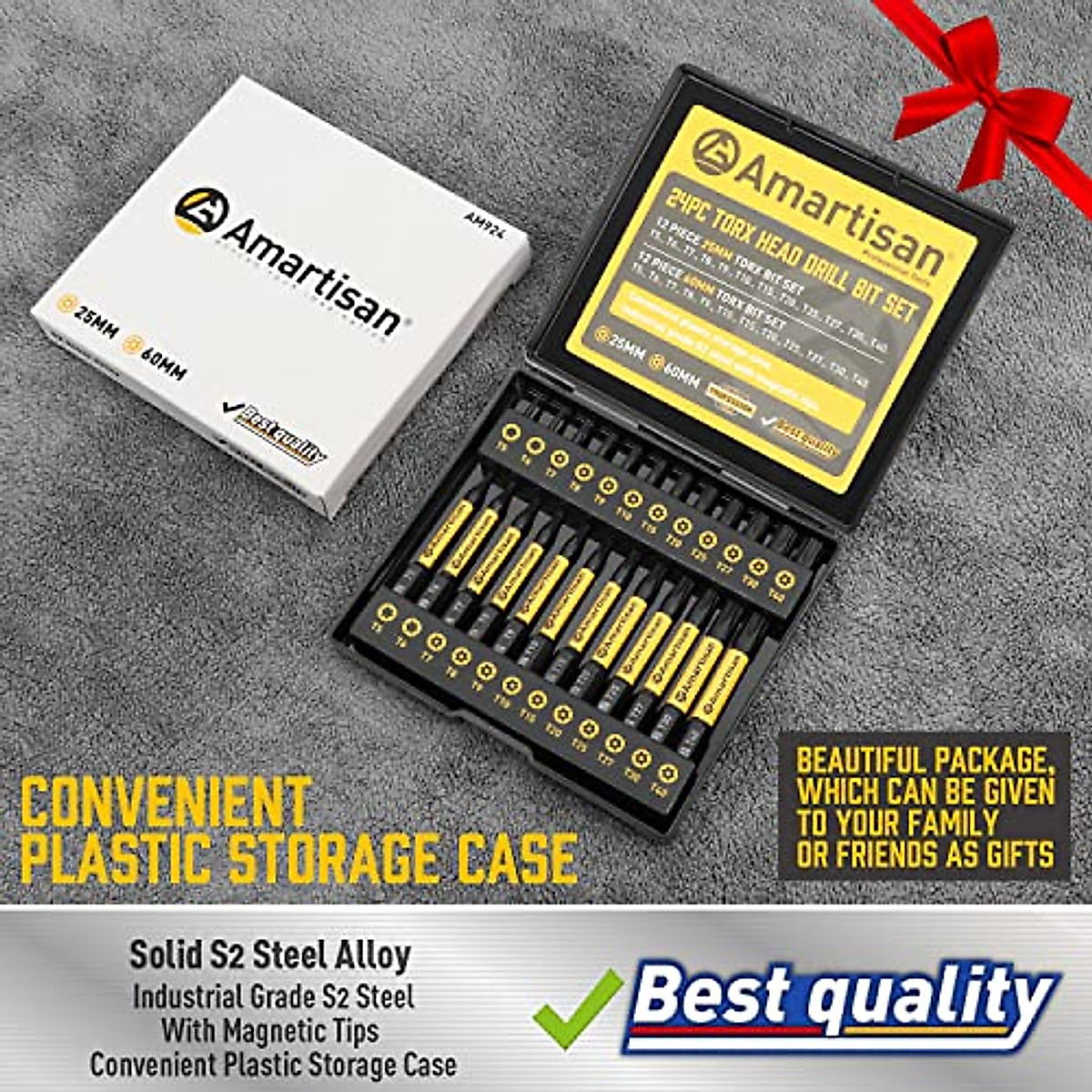 Torx Bit Set, Amartisan 24-Piece Security and Tamper Resistant Star Bits Set S2 Steel, 1" and 2.3" Long T5 - T40