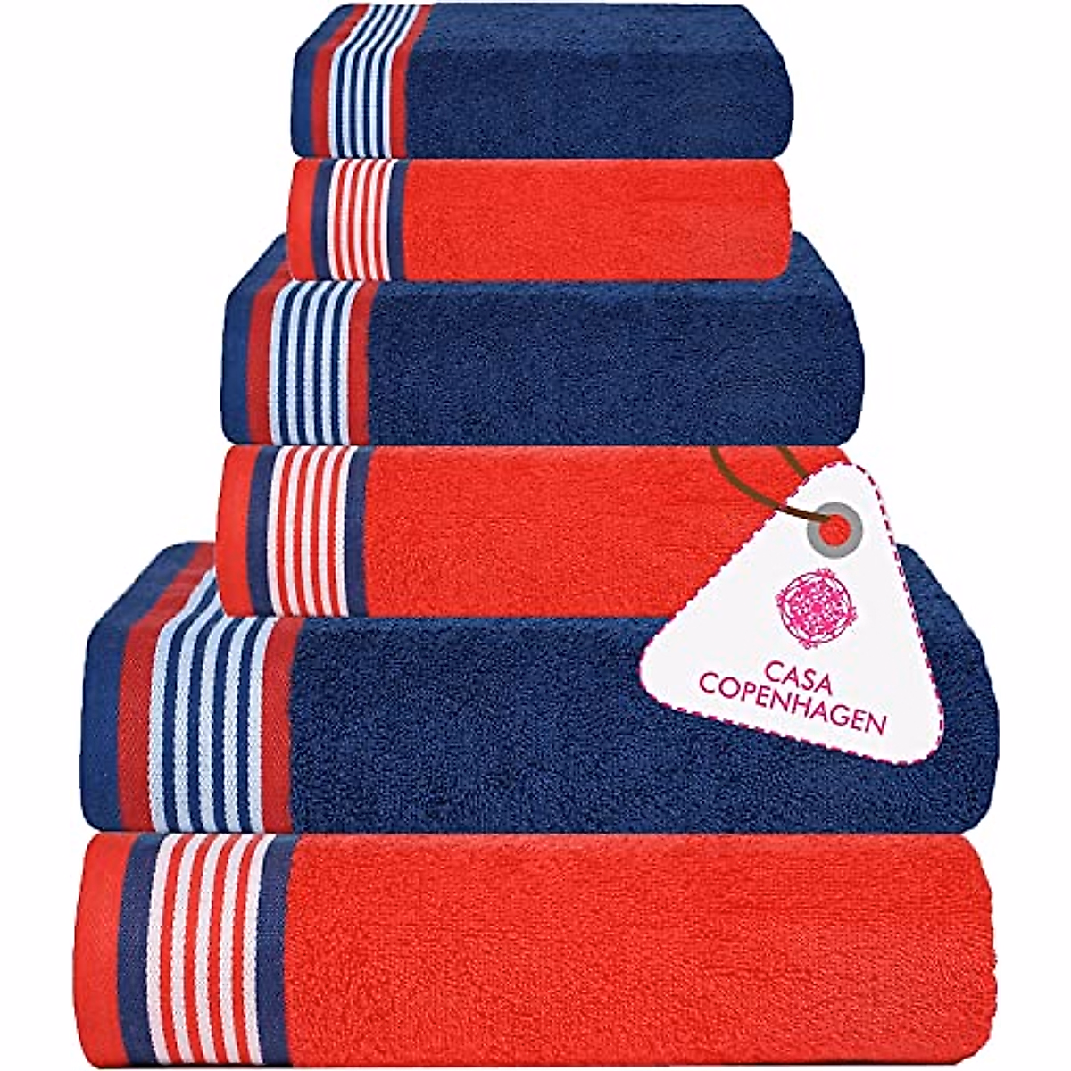CASA COPENHAGEN Designed in Denmark 550 GSM 2 Large Bath Towels 2 Large Hand Towels 2 Washcloths, Super Soft Egyptian Cotton 6 Towels Set for Bathroom, Kitchen & Shower - American Blue & Red
