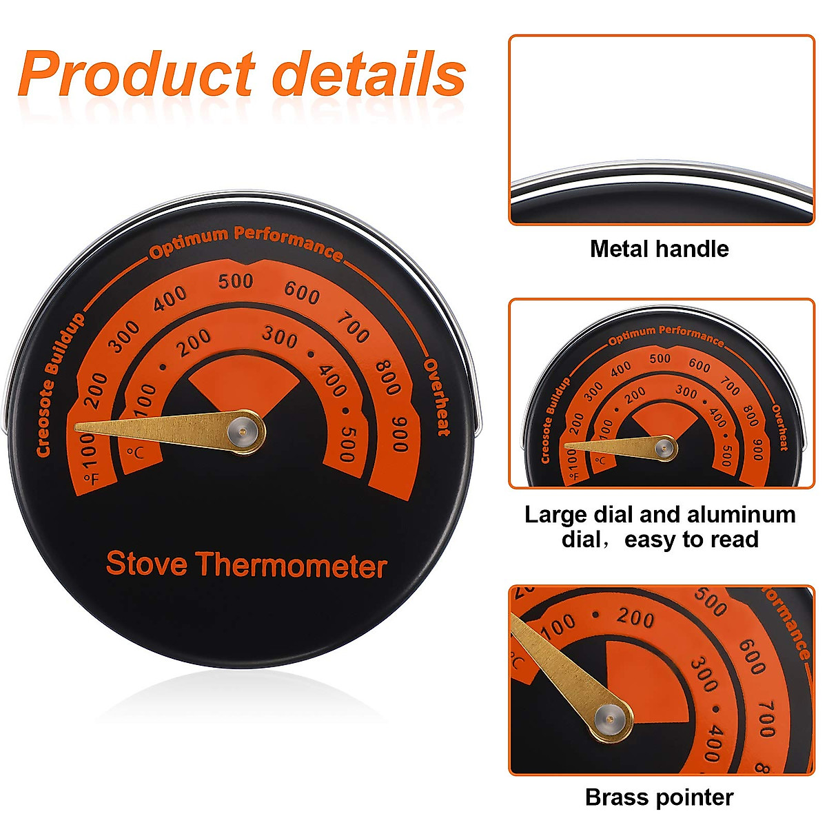 Frienda Wood Stove Thermometer Magnetic, Oven Temperature Meter Stove for Wood Burning Stoves Top, Avoiding Gas Stoves Pellet Stoves Chimney Pipe Damaged by Overheat(1 Piece)