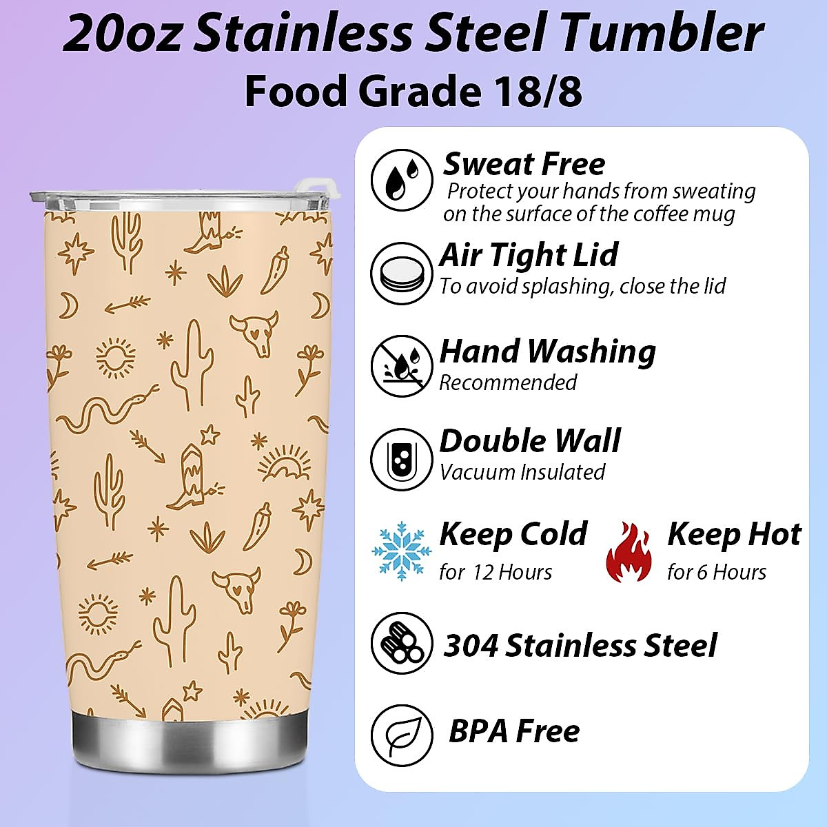 EIXU Birthday Christmas Presents Boho Western Coffee Tumbler, 20 oz Tumblers, Insulated Coffee Mug, Stainless Steel Thermal Cup Travel Coffee Cup, Cow Stuff Western Gifts for Women Men, Western Stuff