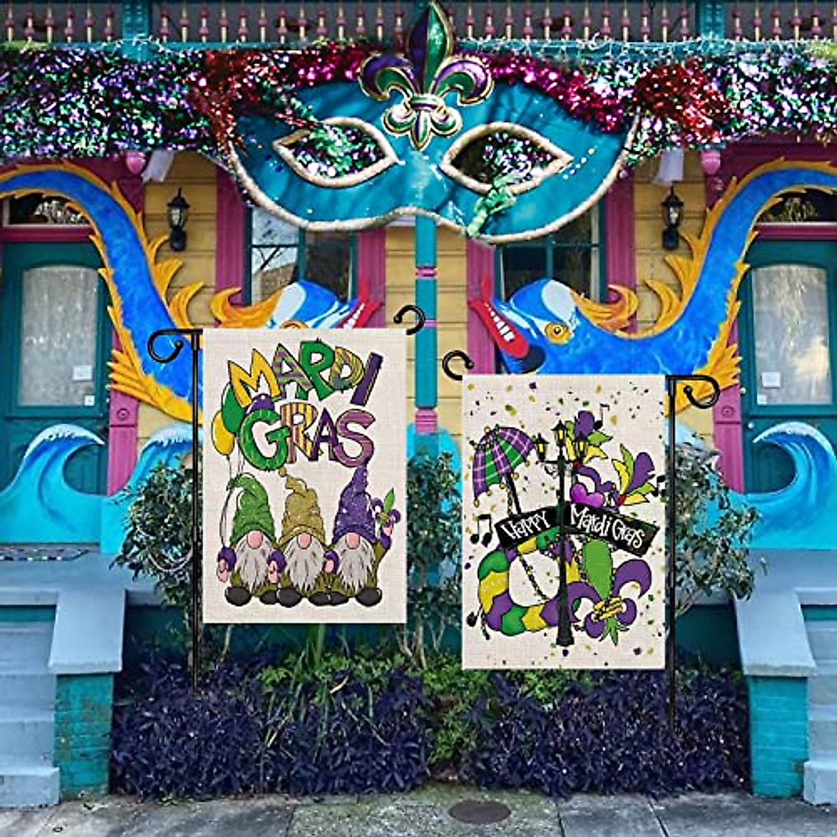 Happy Mardi Gras Garden Flag, 12x18 inch Set of 2 Double Sided Masquerade Beads Yard Flag, Mardi Gras Gnomes Yard Flag for Farmhouse Holiday Carnival Celebration Outside Decor