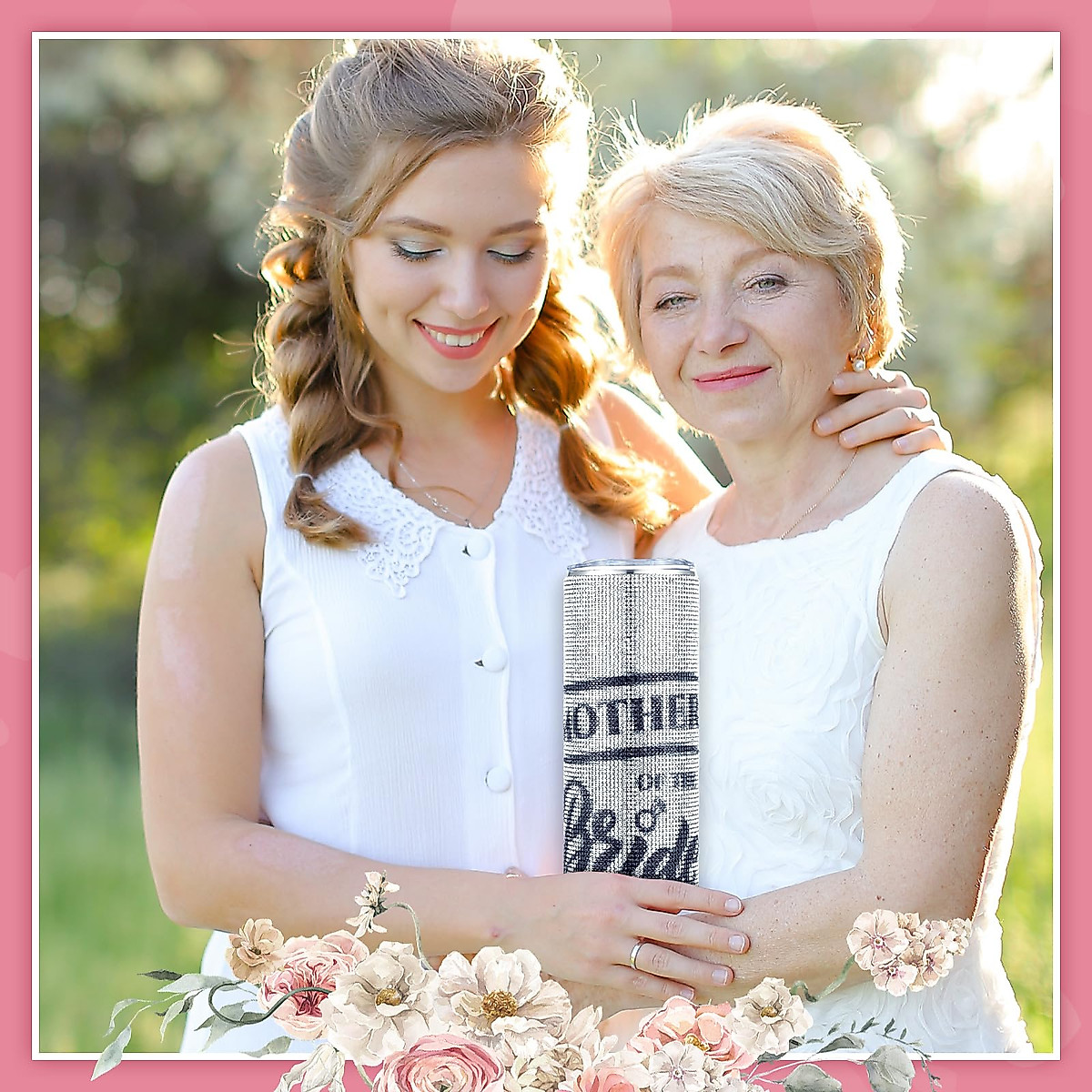 Jinei Wedding Gift Bride Tumbler 20 oz Bling Bridal Insulated Tumbler with Straw and Lid Brush Diamond Rhinestone Water Bottle for Wedding(Mother of the Bride)