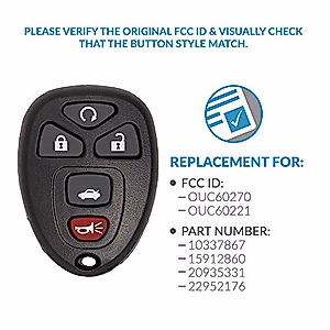 Keyless2Go Replacement for Keyless Entry Car Key Vehicles That Use 5 Button OUC60270 OUC60221, Self-programming