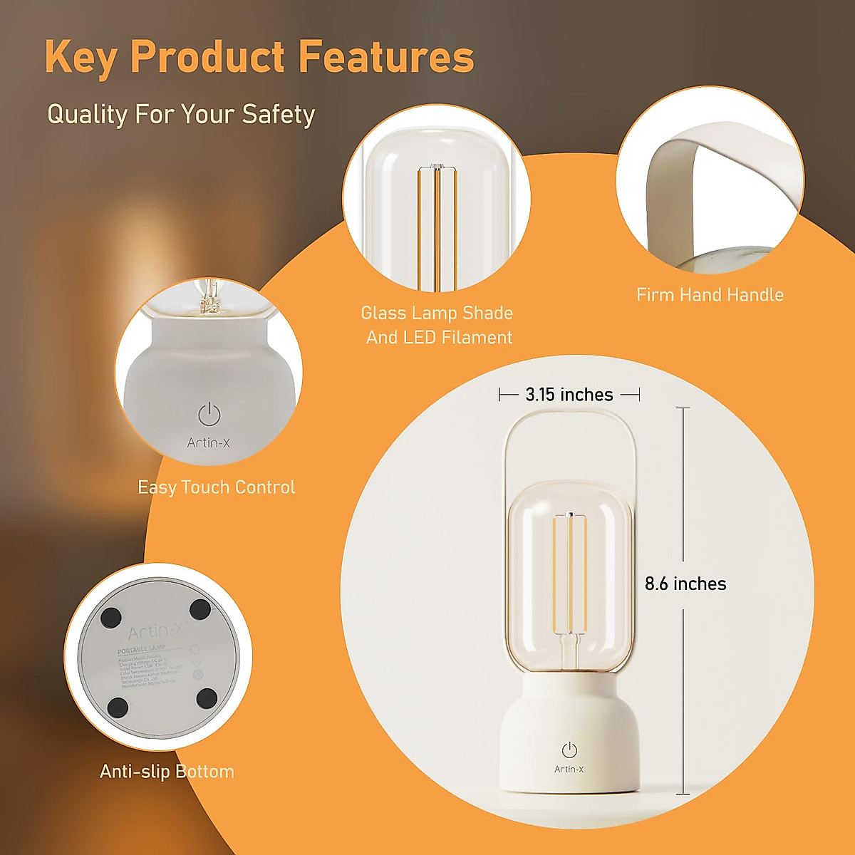 ArtiN-X Retro Cordless Lantern Table Lamp, 40 Hours Long Lasting Dimming Night Light, Small Rechargeable Battery Operated Light for Cruise Nightstand Travel Camping Nightstand, Decoration, Gift- White