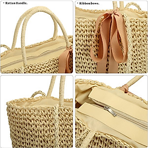 So'each Women's Handbag Color Matching Bow Wicker Woven Rattan Straw Tote Shoulder Bag Beige