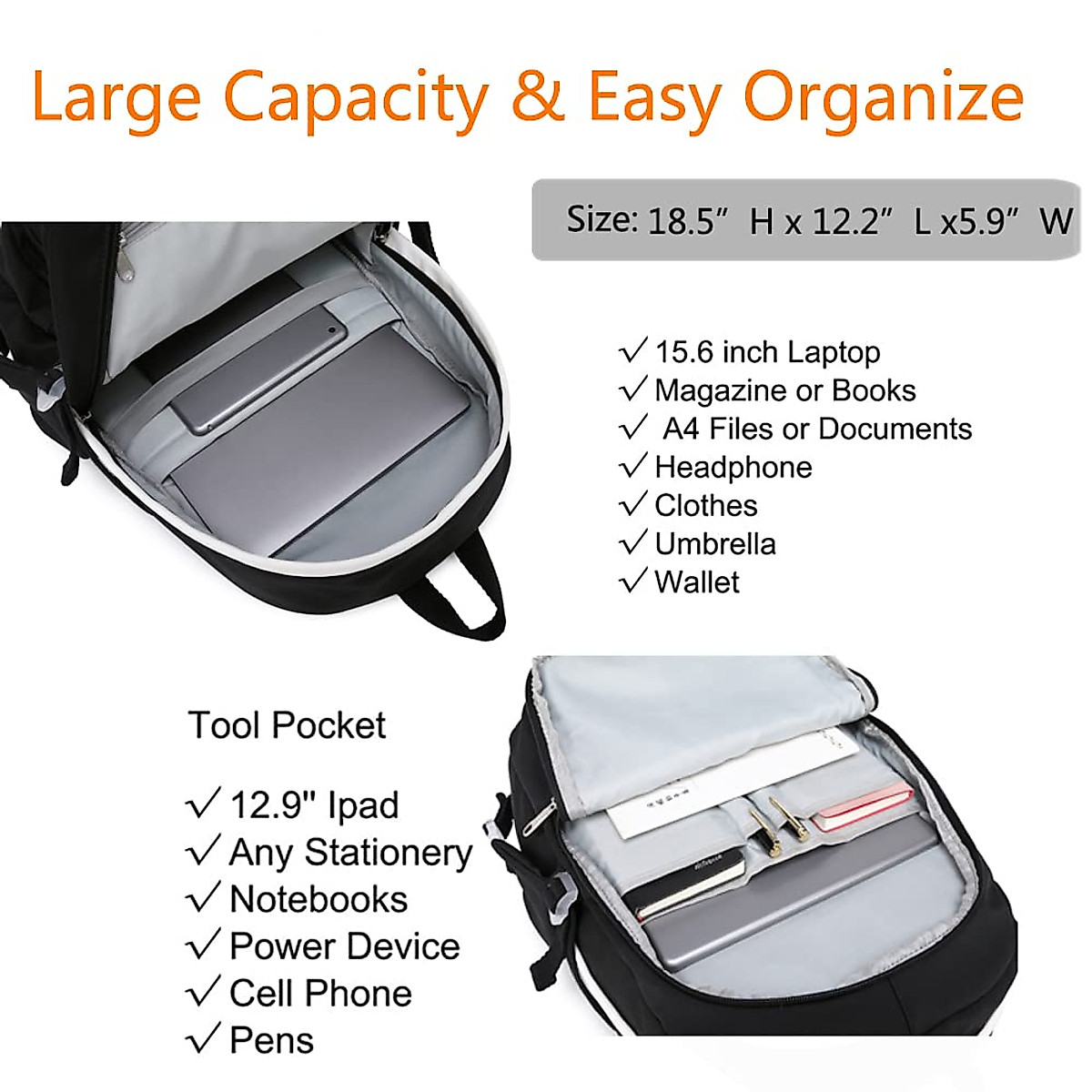 Lmeison Backpack for Girls Waterproof, Cute College Bookbag Black School Bag for Elementary School Middle School, 15.6in Laptop Backpack Anti Theft Travel Daypack for Women Teens Teenage Kids