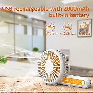 Coolfor Handheld Fan,USB Rechargeable Hand Fan with 2000mAh Battery Operated Small Fan with 3 Adjustable Speeds,180°Rotation Foldable Mini Fan for Office Desktop Picnic Shopping and Travel（White