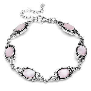 Silvershake 8x6mm Oval Pink Mother of Pearl 925 Sterling Silver Leaf Vintage Inspired 7 to 8.5 Inch Adjustable Bracelet