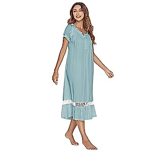 Verdusa Women's Lace Nightdress Short Sleeve Victorian Nightgown Sleepwear Pajama Aqua Blue with Pocket XXL