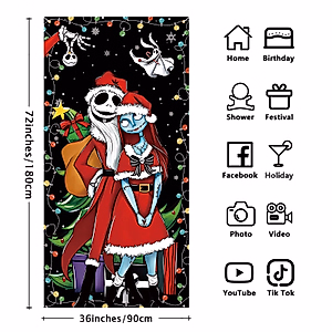Jack Skeleton and Sally Door Cover Nightmare Before Christmas Front Porch Door Sign Banner Christmas Xmas Winter Holiday Decorations Outdoor Outside for Home