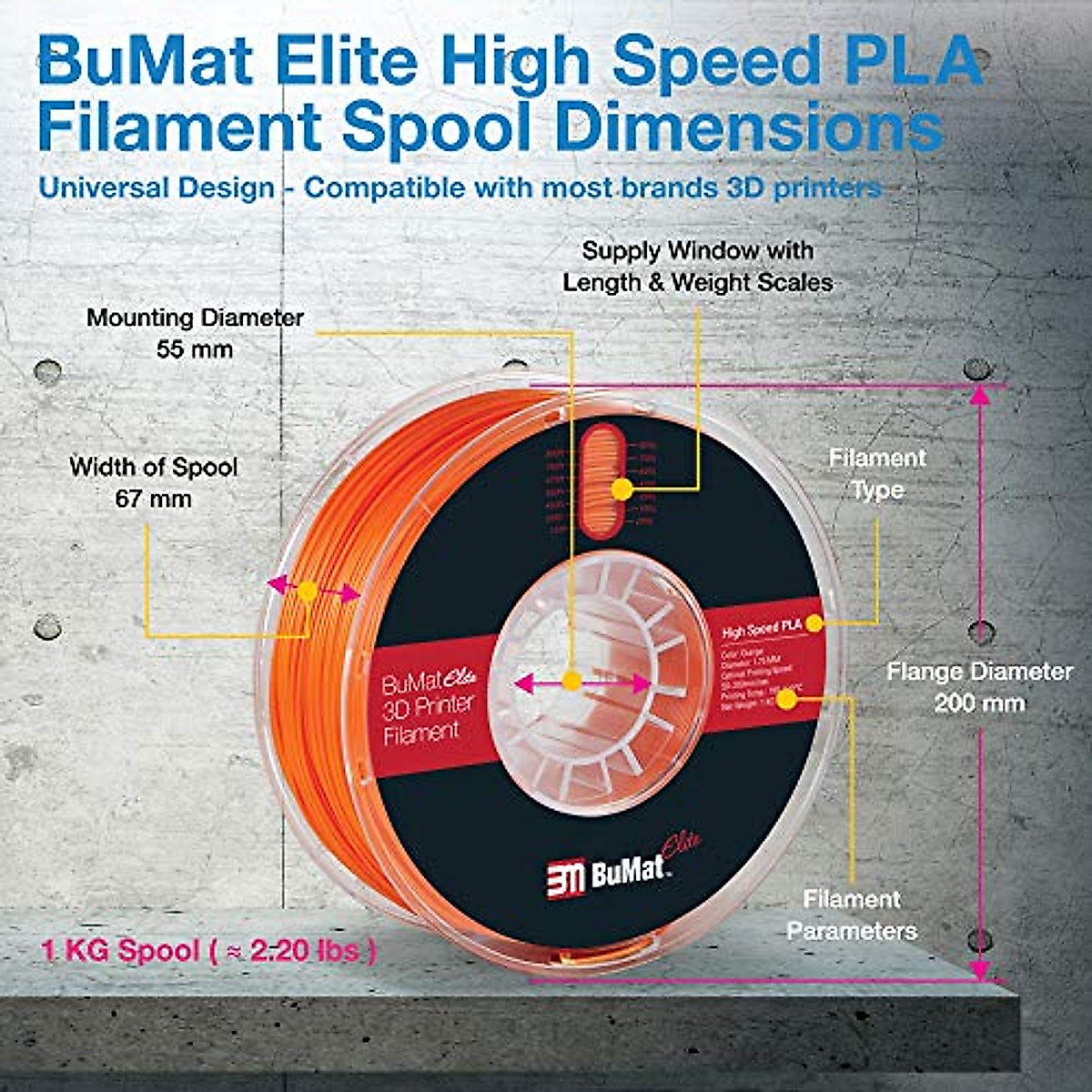 BUMAT Elite High Speed PLA 3D Printer Filament, 1.75mm (Orange), 1kg Spool (2.2lbs), Guaranteed Fresh, Dimensional Accuracy +/- 0.02mm, Tangle-Free, Fits Most FDM Printers [Risk-Free]