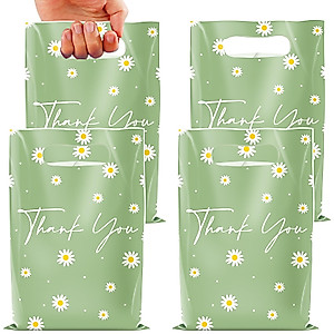 50pcs Sage Green Daisy Floral Thank You Plastic Gift Bags, Spring Summer Flower Goodie Bags Bulk with Handles Party Favors for Mothers Day Baby Shower Wedding Birthday Party Decorations and Supplies
