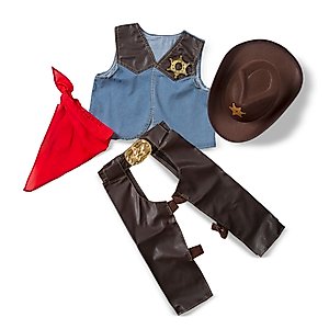 Melissa & Doug Cowboy Role Play Costume Set (5 pcs) - Includes Faux Leather Chaps - Cowboy Dress-Up Role Play Costume With Vest For Boys And Girls