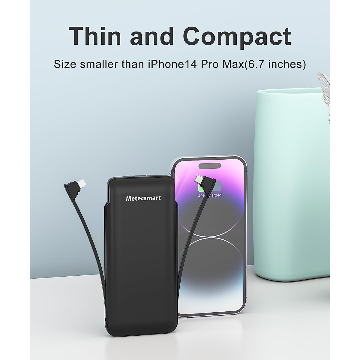 Metecsmart Portable Charger Power Bank with Built in Cable and AC Wall Plug, 10000mAh Fast USB C Phone Charger, Slim Thin Mini Charging Battery Pack Compatible with Smartphones and All USB-C Devices