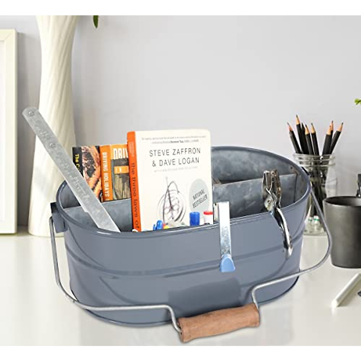 Farmhouse Utensil Caddy with 4 Compartments and Wooden Handle for Flatware, Condiments, Party Cutlery - Galvanized Metal Caddy for Indoor/Outdoor Use - Charcoal