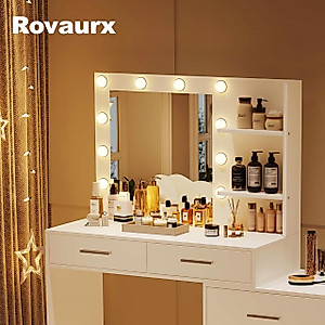 Rovaurx 65" W Makeup Vanity Set with Mirror and 3-Color Lights, Large Vanity Table with 8 Drawers & Side Storage Shelf, Adjustable Width, Bedroom Dressing Table with Stool, for Women, White RSZT109WD