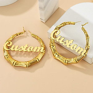 Custom4U Personalized Gold Hoop Earrings with Name Custom Bamboo Elegant Earrings Memory Jewelry Gifts for Women